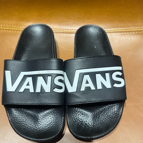 Vans | Shoes | Vans Black Slides With White Logo | Poshmark